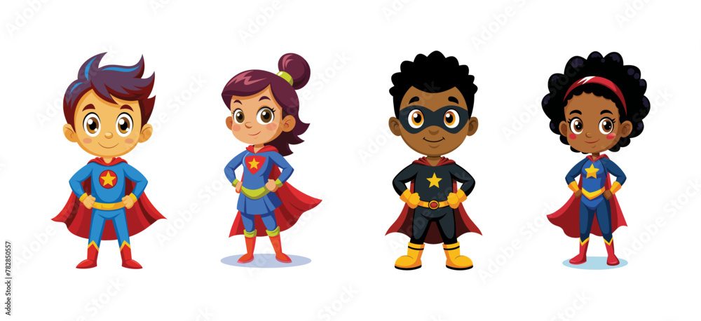Diverse superhero kids in colorful costumes, vector cartoon ...
