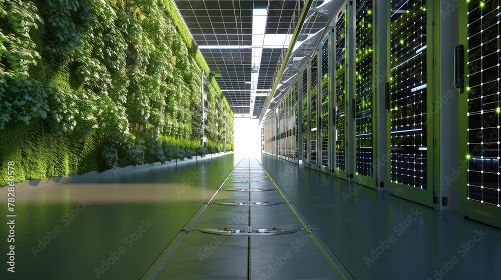 A modern, eco-friendly data center with green walls and solar panels ...