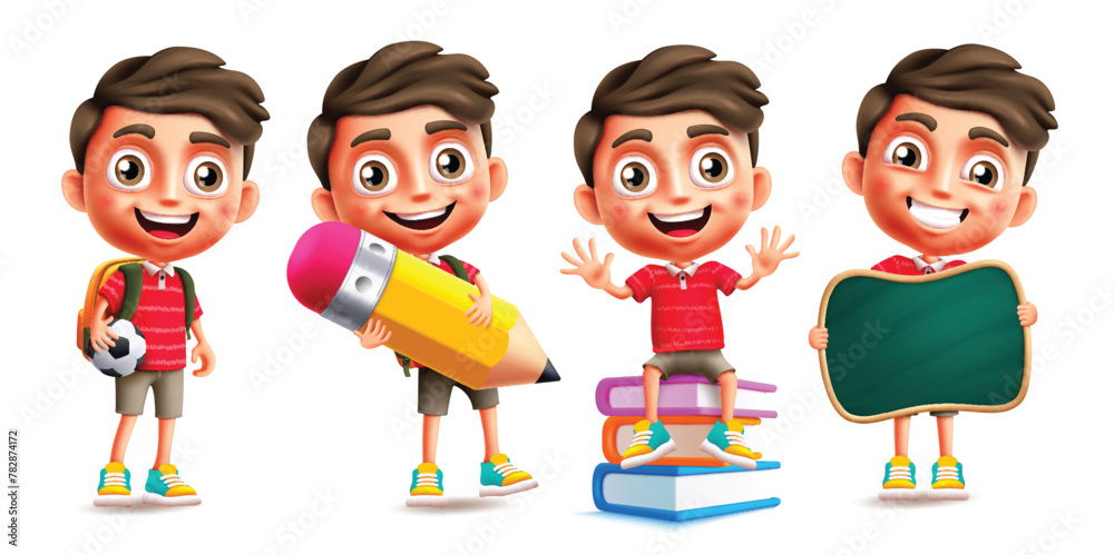 School boy characters vector set design. Back to school cute little kid ...