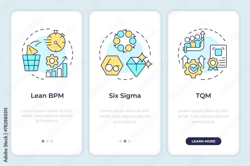 BPM methodologies onboarding mobile app screen. Walkthrough 3 steps ...
