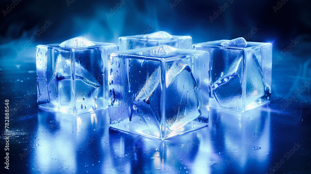 Five glowing ice cubes on a reflective surface with a cool blue light ...