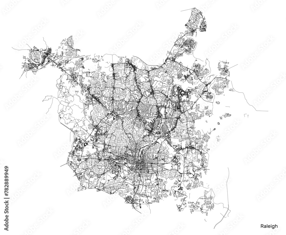 Raleigh city map with roads and streets, United States. Vector outline ...