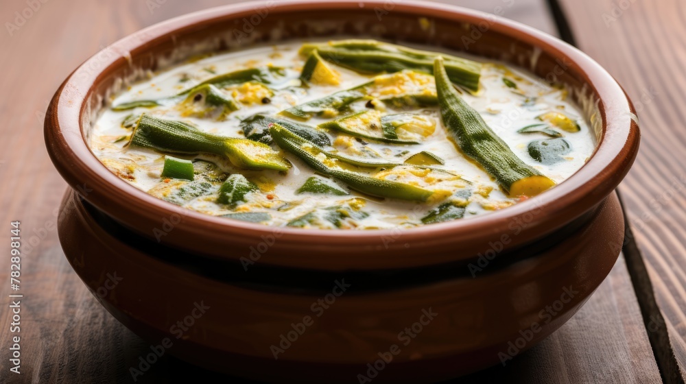 Top view of Mouth Watering a clay pot filled with Ladies finger raita ...