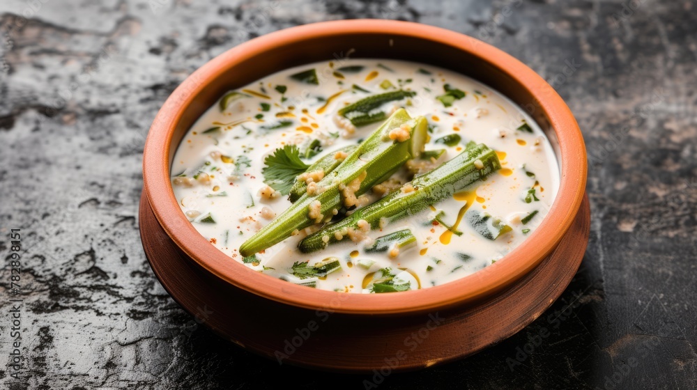 Top view of Mouth Watering a clay pot filled with Ladies finger raita ...