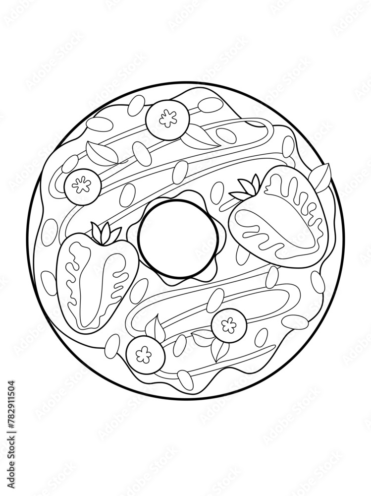 Donut with strawberry and berries.Doodle donut black line. Outline anti ...