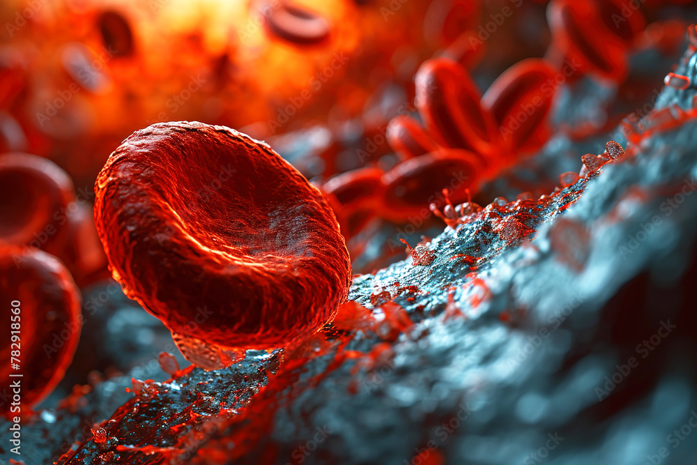 Blood vessel, hemoglobin erythrocyte close-up. Medical venous structure ...