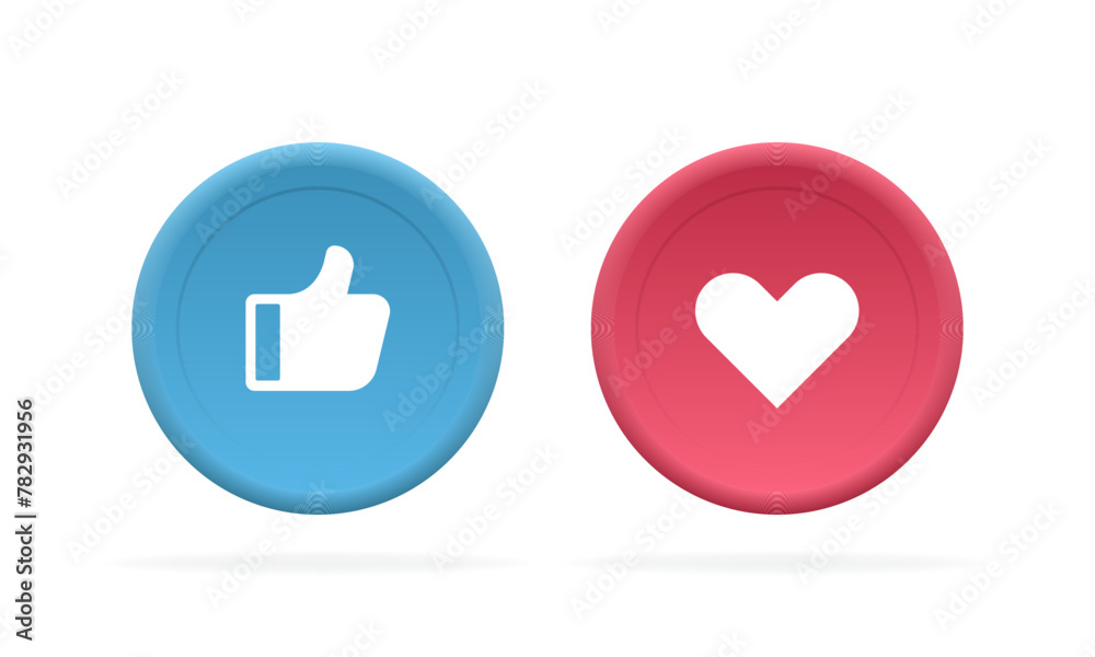 Thumb up and heart in circles. Button design in 3d style. Concept of ...