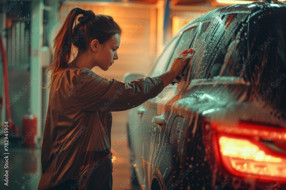 Concentrated young woman meticulously hand washing her car with soapy ...