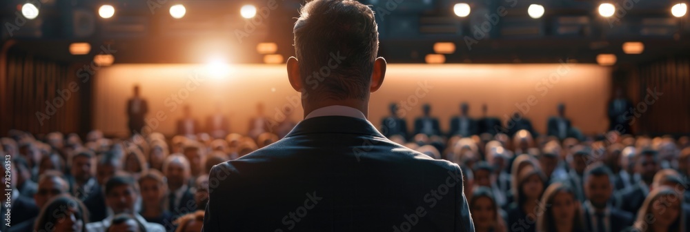 Back view of a speaker at a podium addressing a diverse audience in a ...