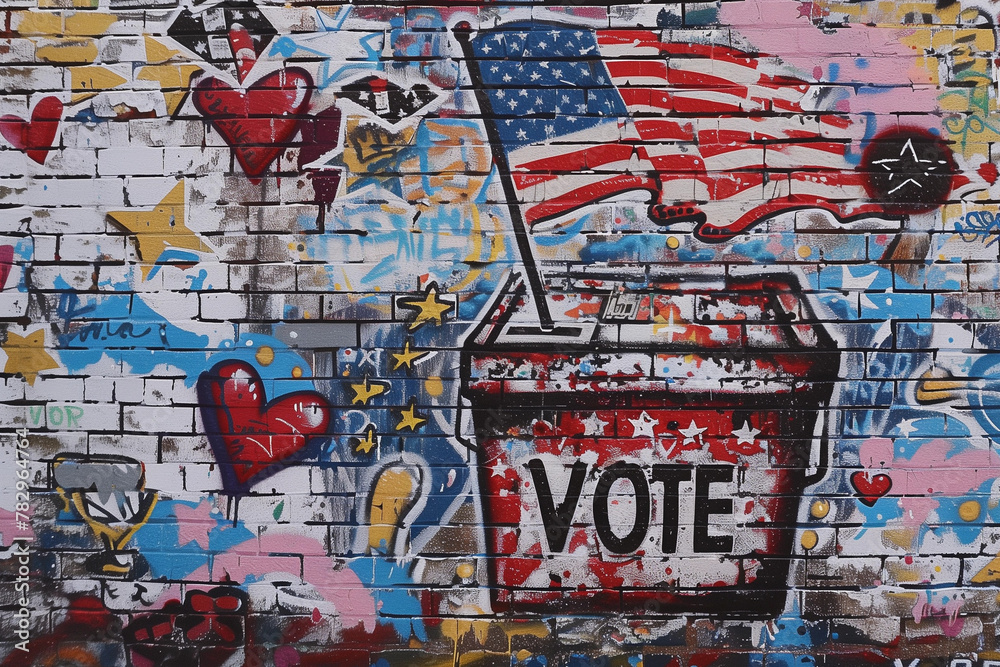 Graffiti wall art Vote ballot voting box red white blue flag stars ...