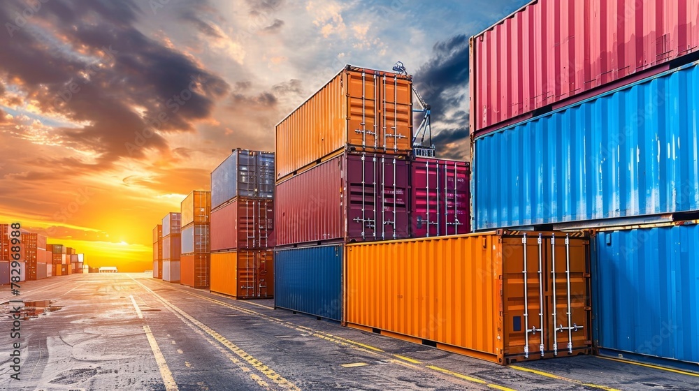 As the sun dips below the horizon, shipping containers stand tall like ...