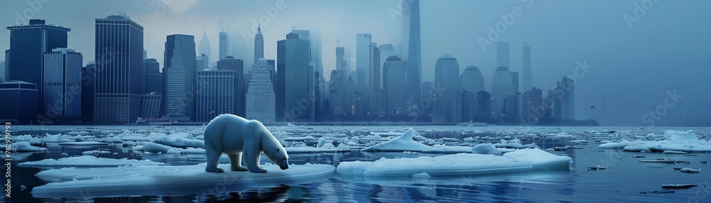 Dramatic visualization of climate change polar bear on a shrinking ice ...