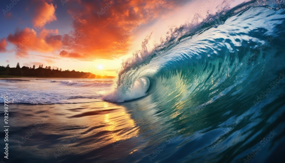 Photo Stock Beautiful sunset reflection on the wave. Powerful storm ...