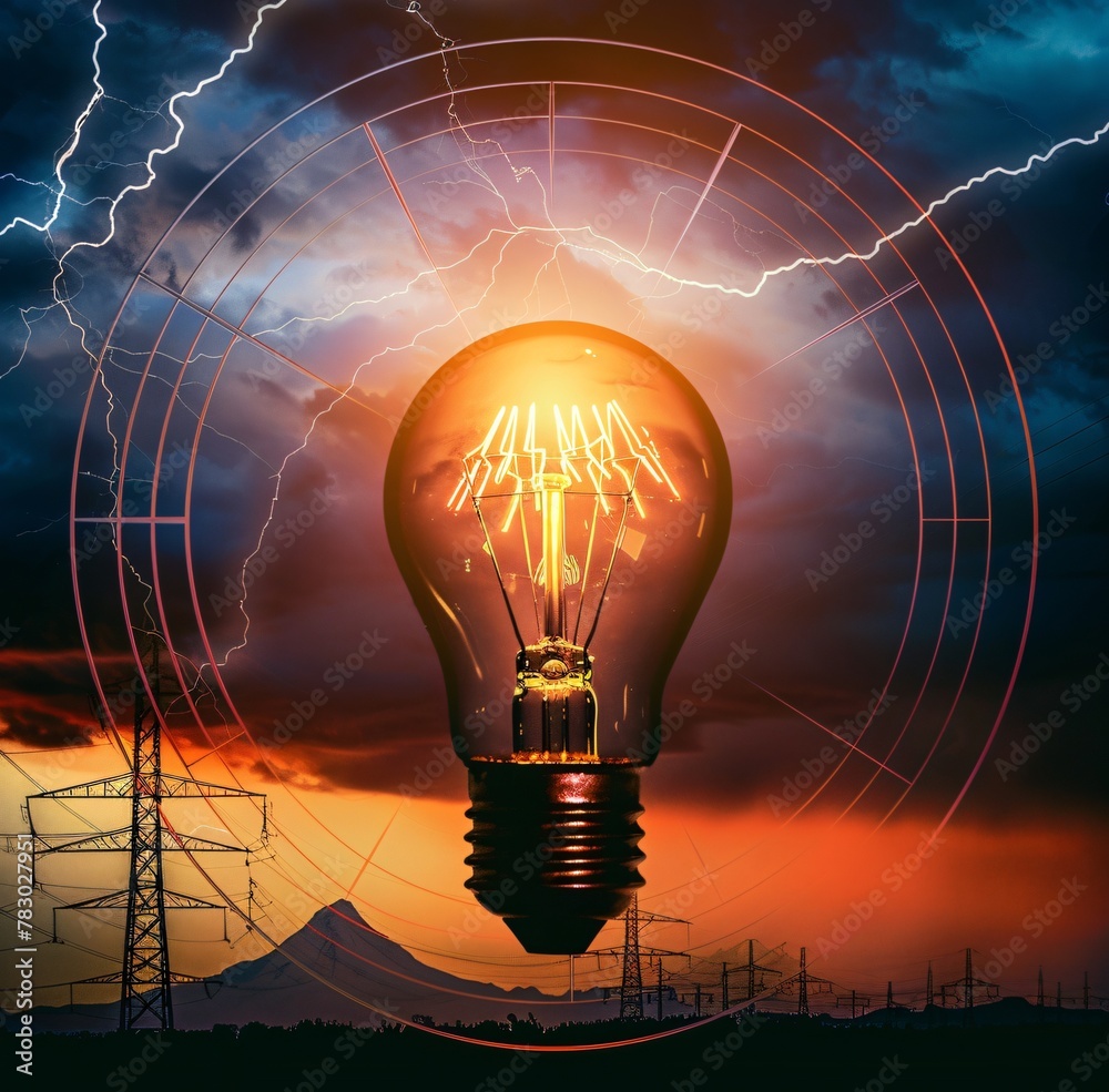 Dramatic image of an incandescent light bulb with filament glowing ...