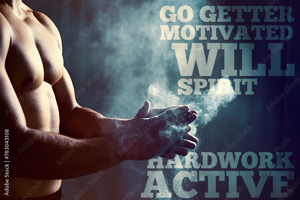 Man, athlete and hands on banner for deadlift with dust, poster and ...