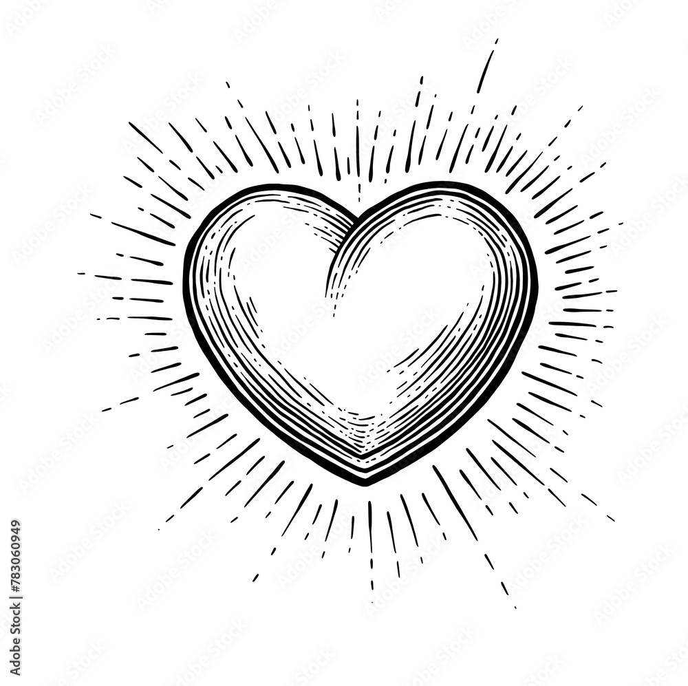 Heart with rays. Vector black vintage engraving illustration isolated ...