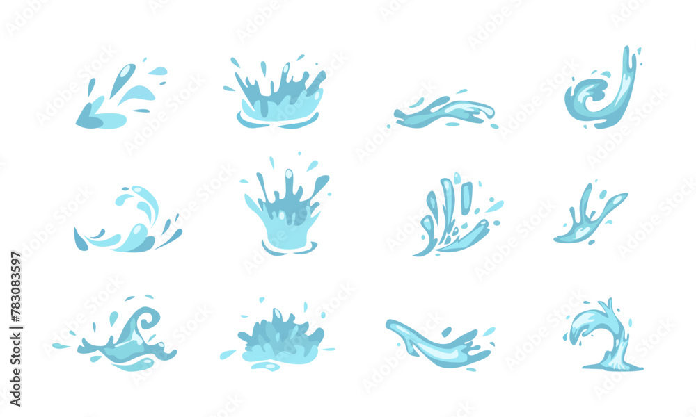 Cartoon blue dripping water drops, splashes, sprays and tears. Liquid ...
