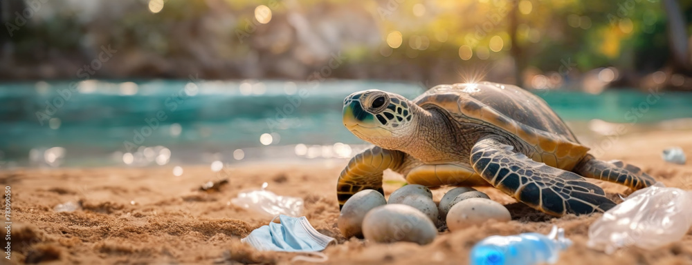 Sea turtle on sand with eggs with plastic debris around. A juvenile sea ...