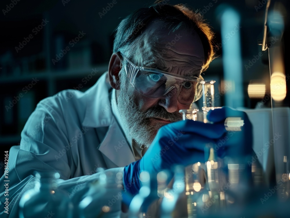Worried Elderly Scientist Examining Glowing Blue Test Tube in Dimly Lit ...