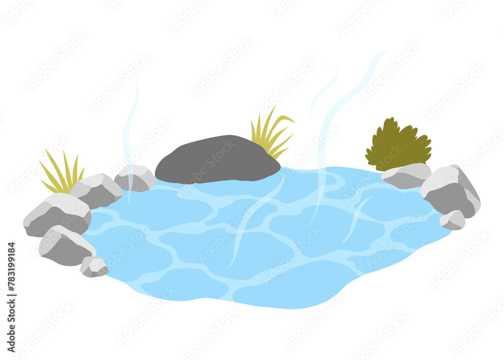 Japanese outdoor onsen pool with hot spring water illustration. Cartoon ...