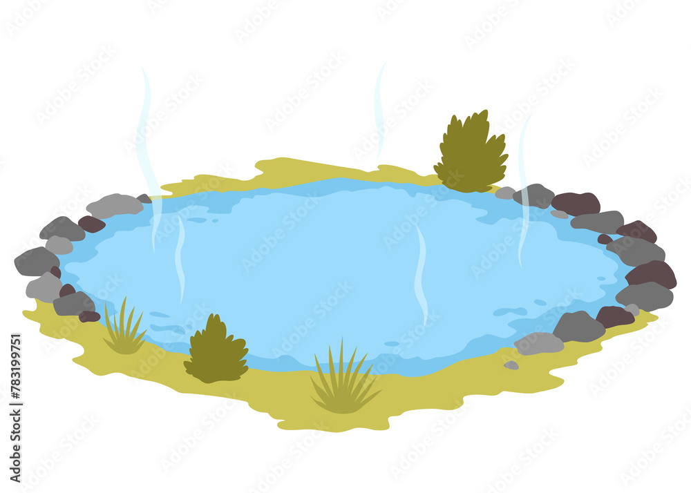 Japanese outdoor onsen pool with hot spring water illustration. Cartoon ...