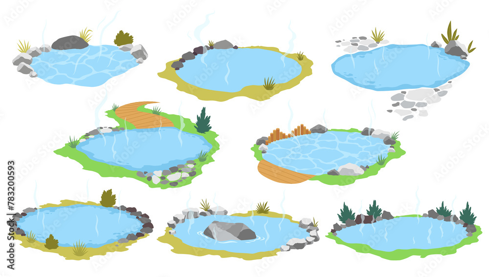 Japanese outdoor onsen pool with hot spring water illustration. Cartoon ...