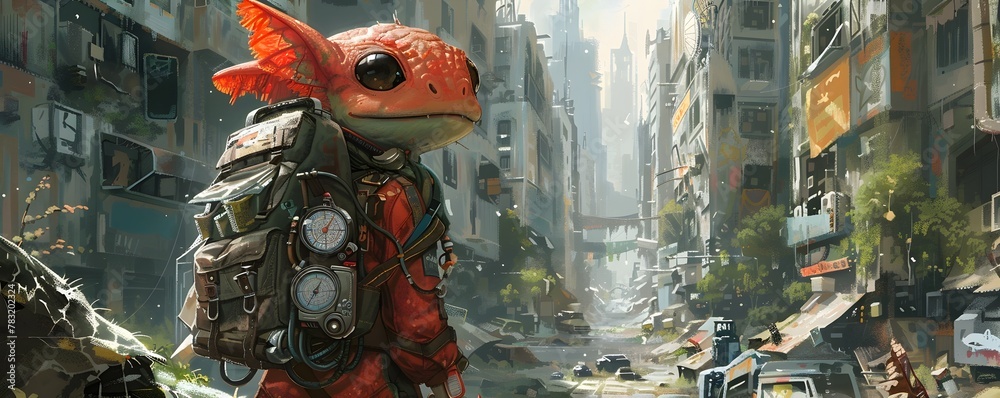 Axolotl Scout Exploring Ruined Futuristic City with Compass and Map in ...