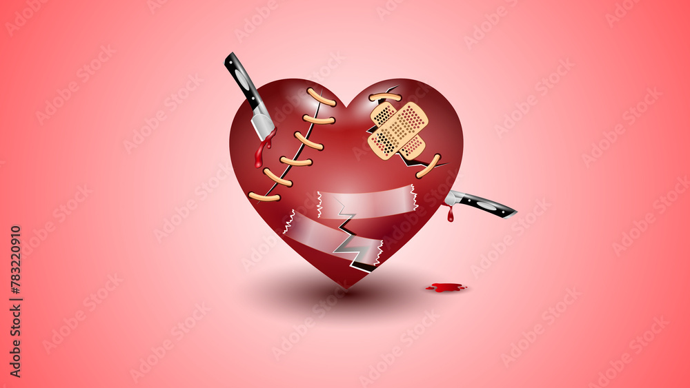 Broken red hearts with plaster, Injury healing heart, wound, patches ...