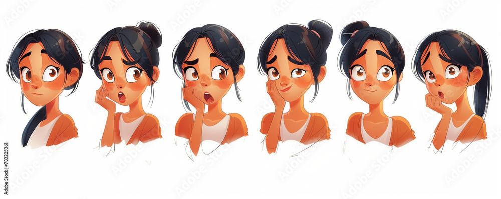 Character design progression showing facial expressions of a female ...