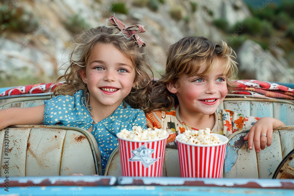 Families enjoying a drive-in movie night, cuddled up in vintage cars ...