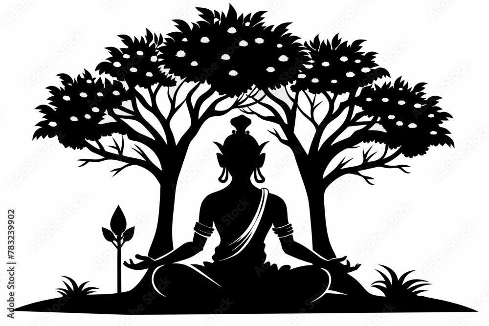 Hindu god Krishna sitting under a tall tree with flute black silhouette ...
