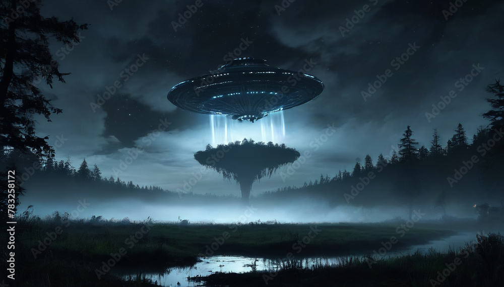 An emerging spaceship from amidst dark clouds in the fog. Nighttime ...