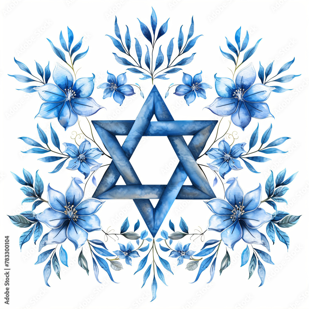 Blue star of David with leaves and flowers isolated on white background ...