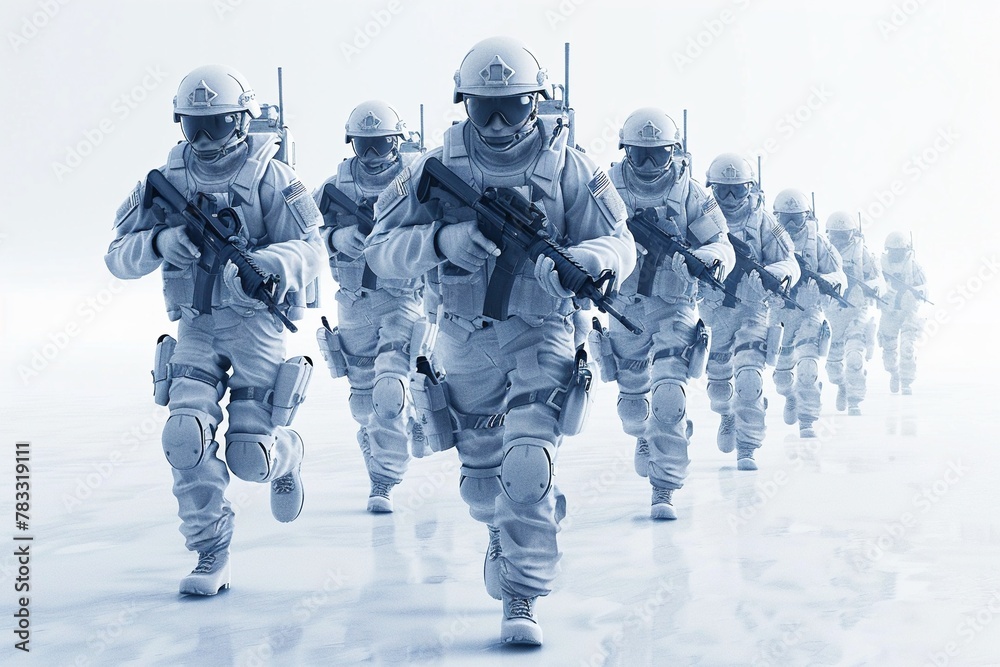 A squad of soldiers moves through the streets, their movements ...