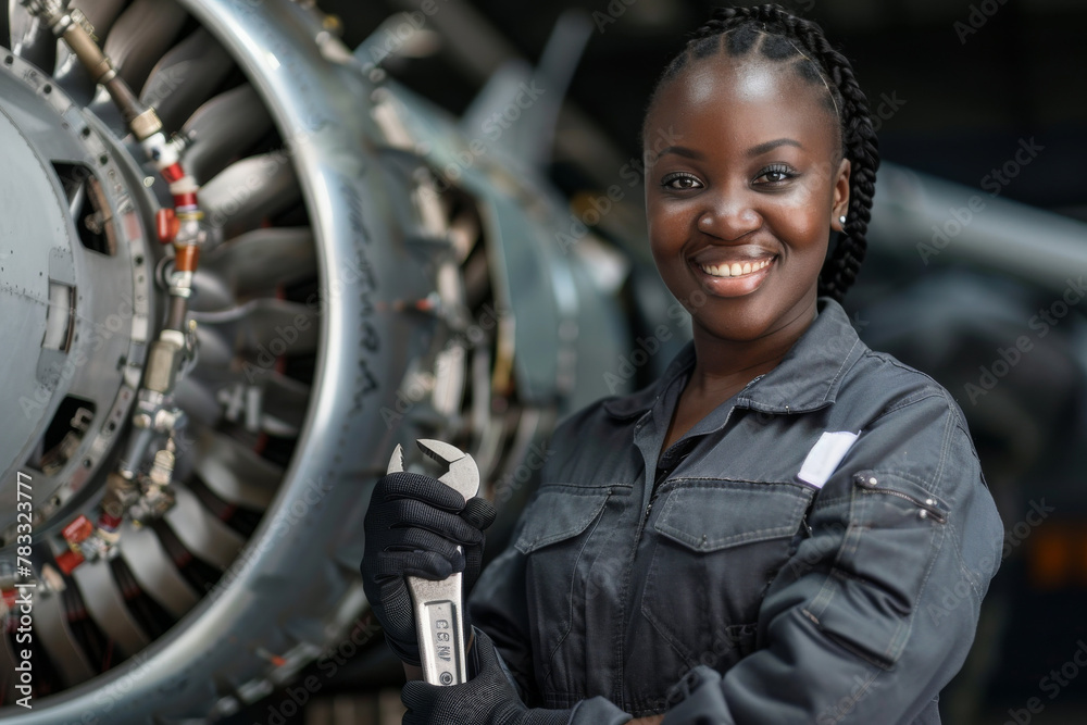 Smiling female black aircraft engineer jet engine with spanner ...