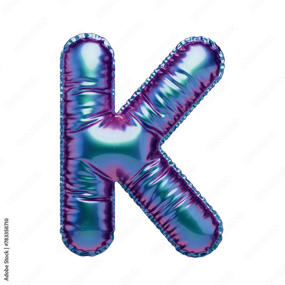 Letter K in the form of a blue-green and purple foil balloon isolated ...