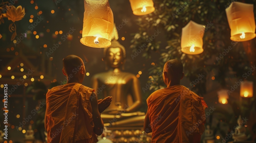 Monk Releasing Lantern During Vesak. A Buddhist monk releases a ...