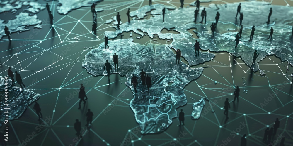Digital map of the African continent with many people standing on it ...