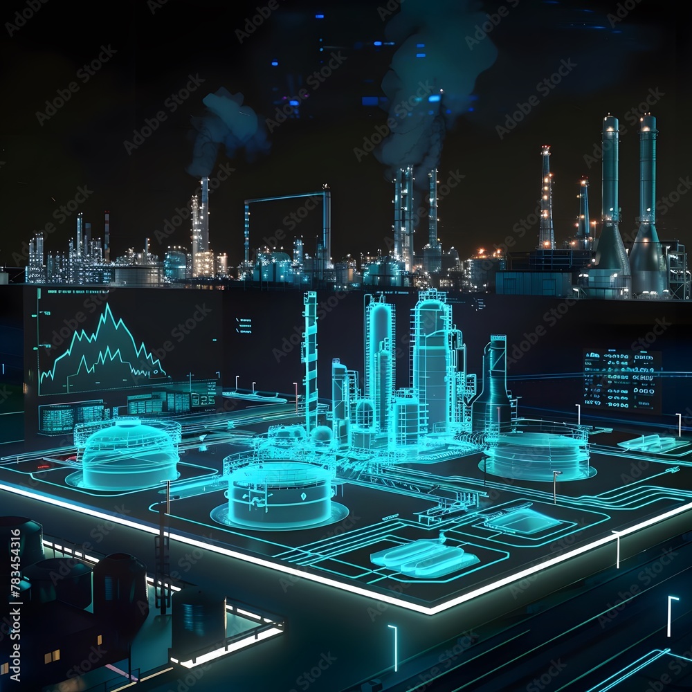 Holographic wide banner displaying an oil and gas power plant refinery ...