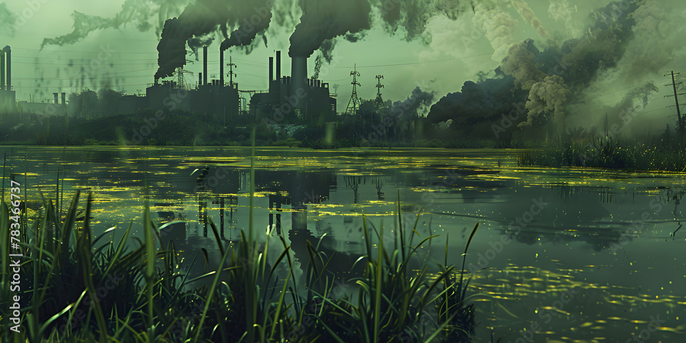 industrial waste , air pollution, industrial smoke polluting water ...