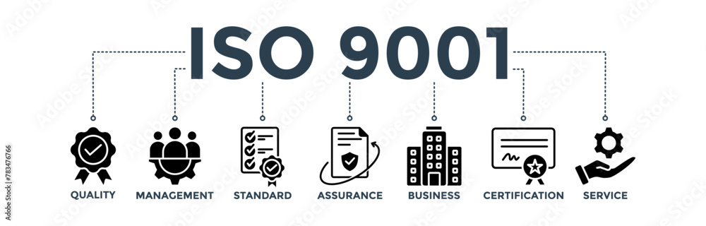 ISO 9001 banner with icon of quality, management, standard, assurance ...