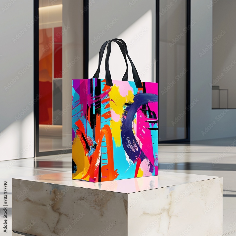 Logo display bag featuring vibrant artwork, staged in a high-resolution ...