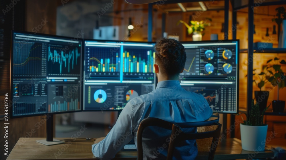 Data analyst working on business analytics dashboard with charts, metrics and KPI to analyze ...