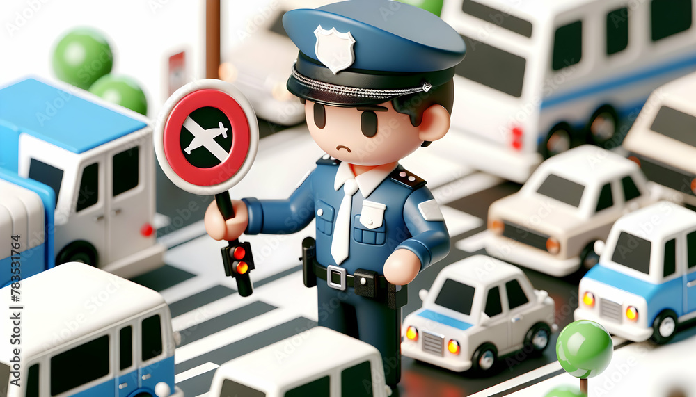 3D Traffic Duty Icon: Officer Directs Busy Traffic for Safety and Flow in Candid Daily Work ...