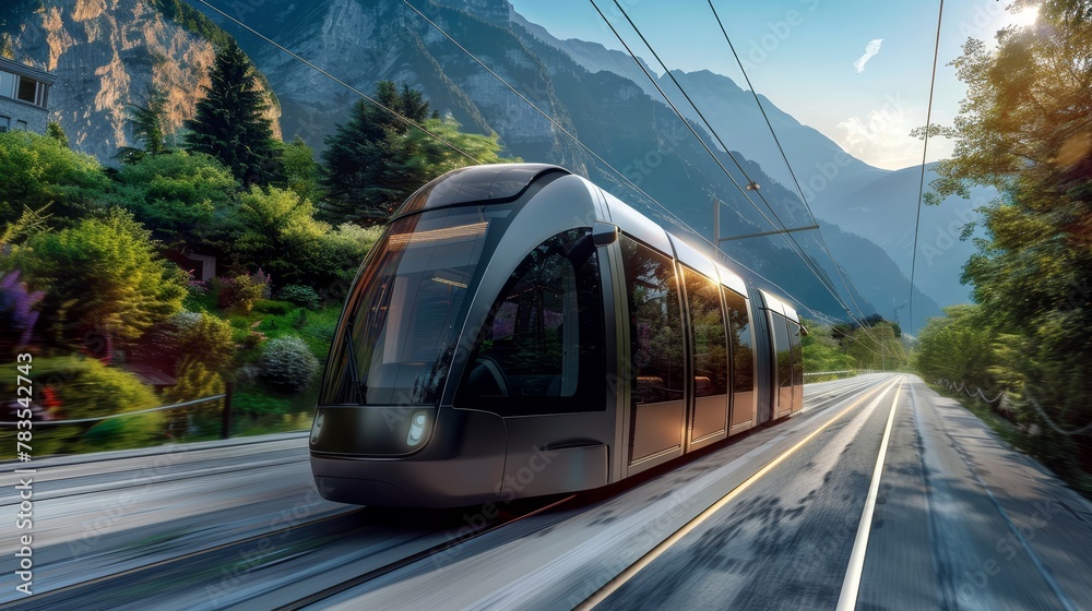 Sleek city tram speeds past scenic views, merging contemporary design ...