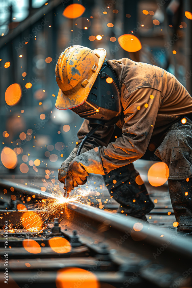 A welder in protective gear working intently on railway construction at ...