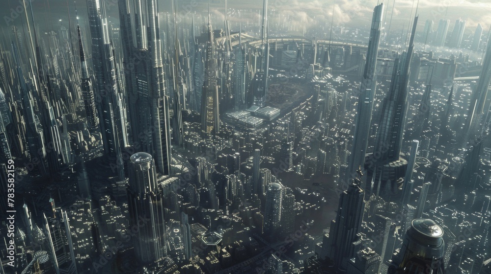 An aerial shot of a sprawling metropolis filled with towering skysers ...