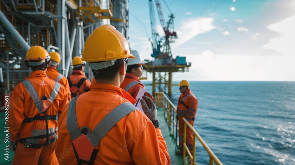 Oil workers, wearing helmets and personal protective equipment, stand ...