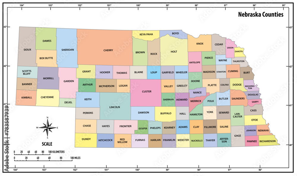 Nebraska state outline administrative and political map in color Stock ...