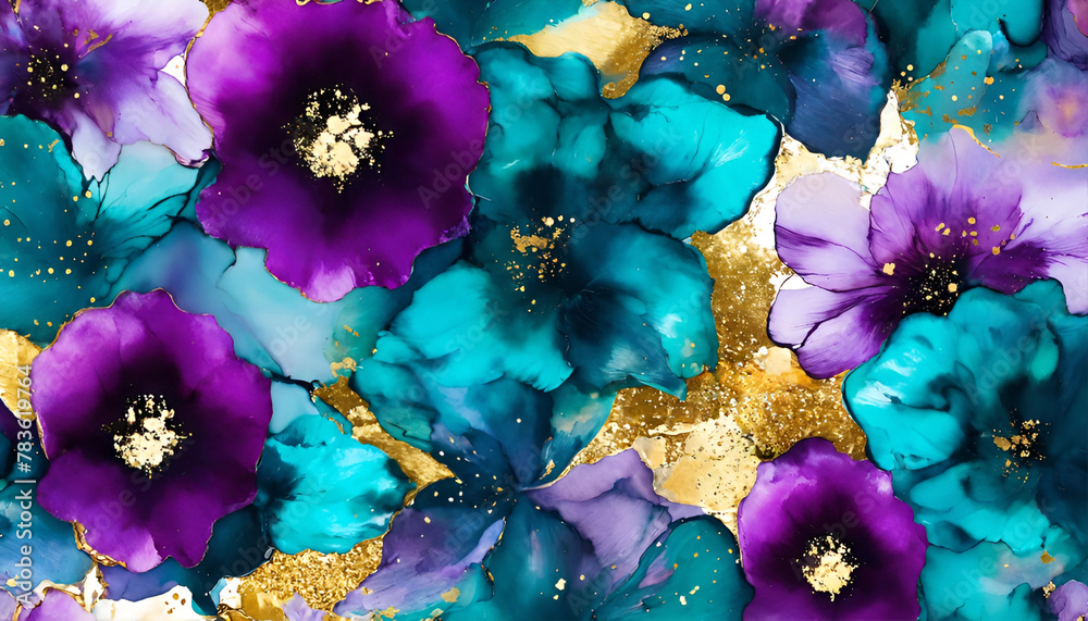 Elegant purple and teal flowers alcohol ink background with gold ...